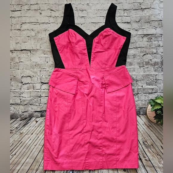 bebe | Dresses | Bebe Colorblock Stretch Dress Black Hot Pink Clubwear ...